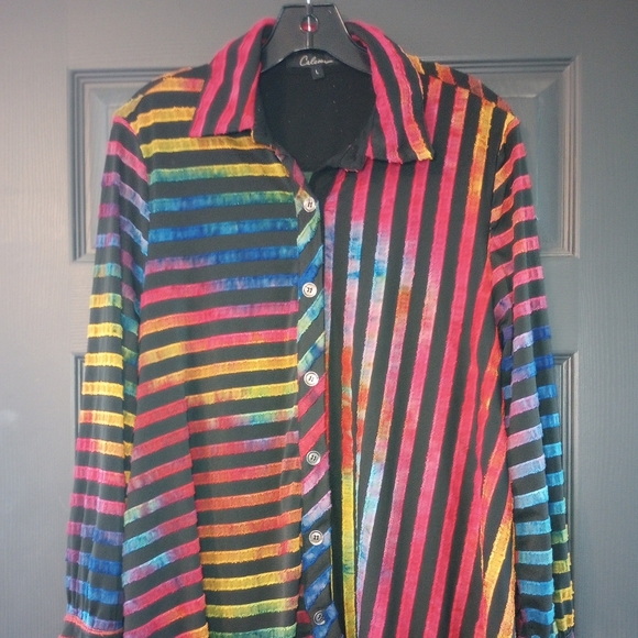 Calessa | Tops | Calessa Colorful Button Down Textured Patchwork Blouse ...